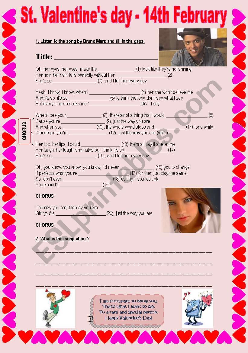 St. Valentine´s Day song - ´Just the way you are´ by Bruno Mars - ESL ...