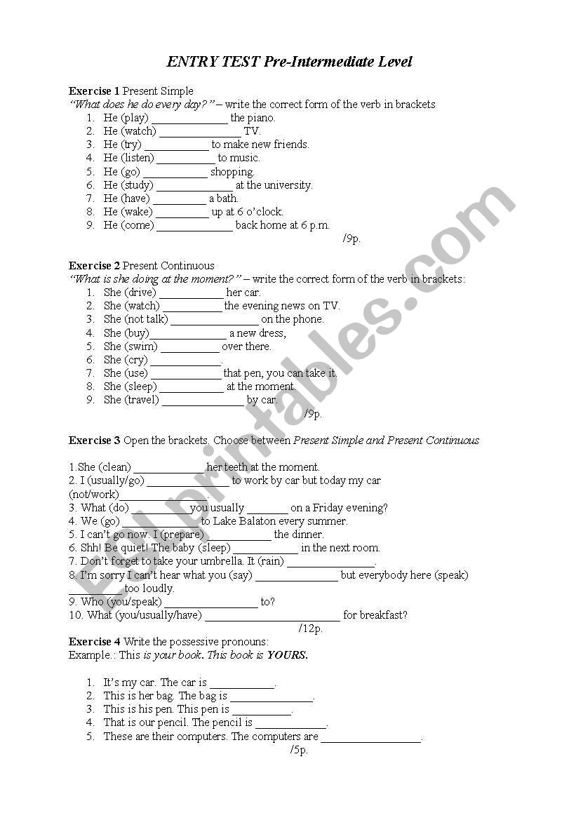Test Pre Intermediate English Esl Worksheet By Albertven