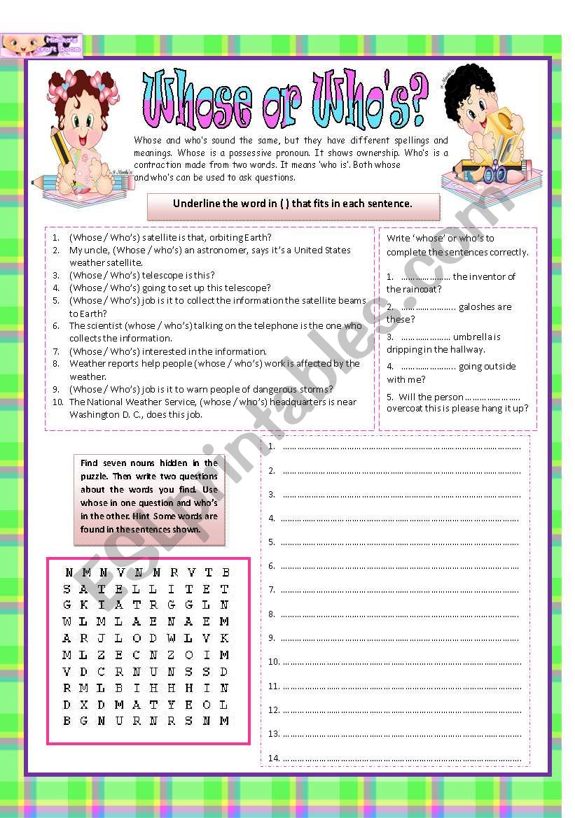 Whose or Who´s - Review - ESL worksheet by tech_teacher