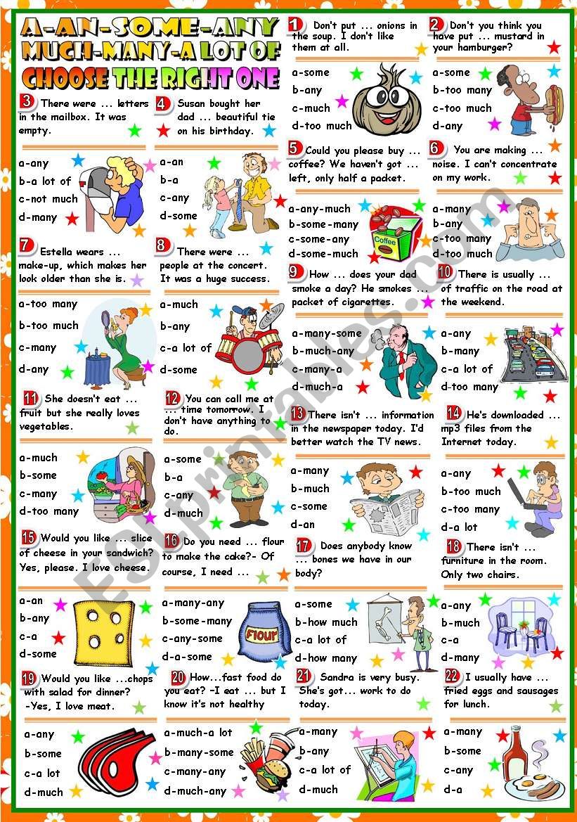 A AN SOME ANY MUCH MANY A LOT OF MULTIPLE CHOICE KEY INCLUDED ESL