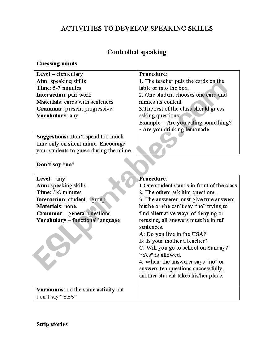 Activities To Develop Speaking Skills ESL Worksheet By Elenka9334