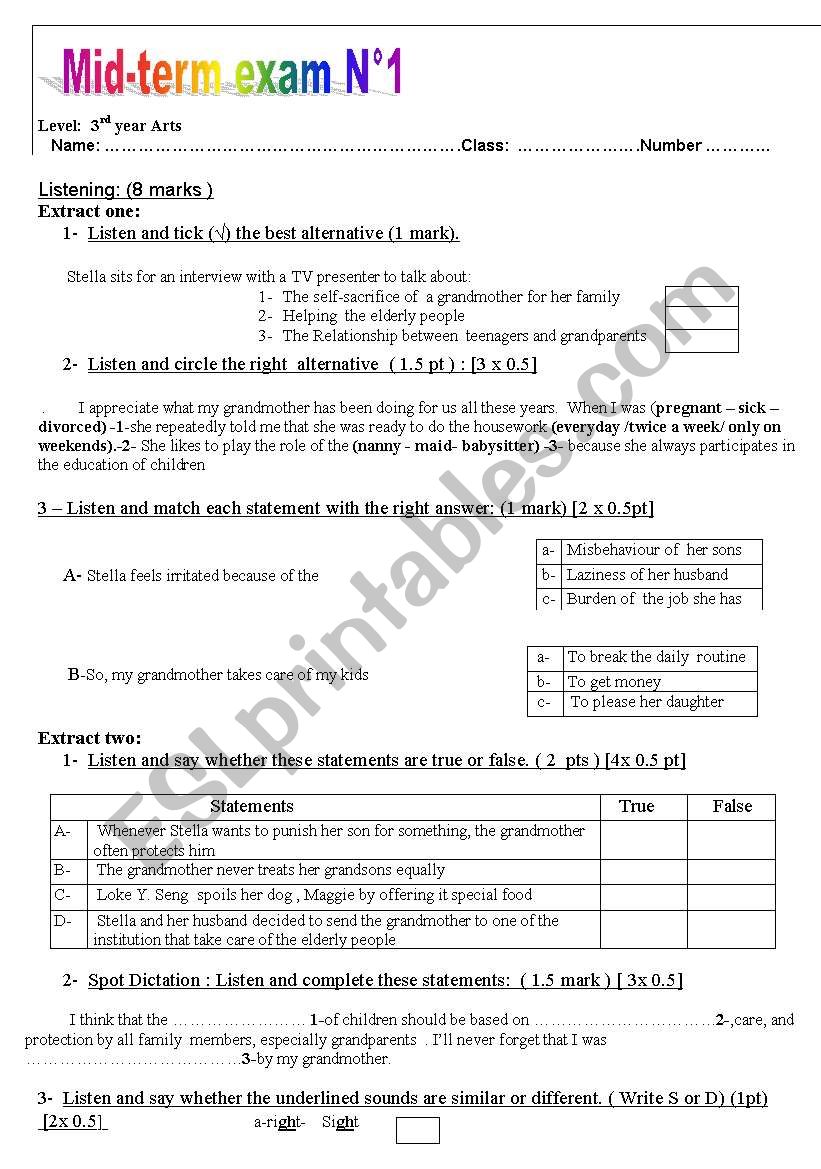 Mid- term exam N° 1 3rd Form secondary education - ESL worksheet by ...