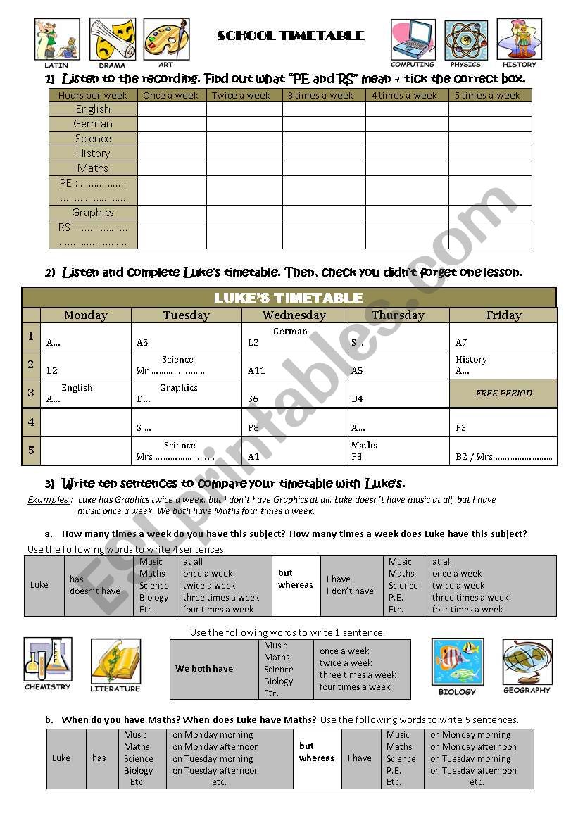 Listen to Luke´s timetable + guided writing to compare two school ...