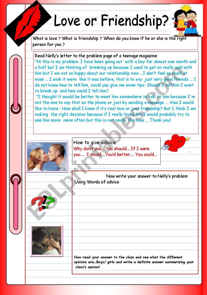 Teenagers´ problems: Love or frienship? - ESL worksheet by Mariethe House