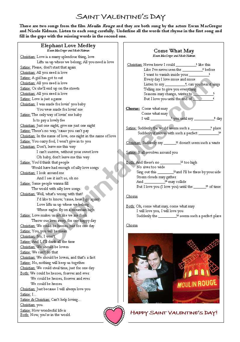 Moulin Rouge & Saint ValentineÂ´s - ESL worksheet by pmca