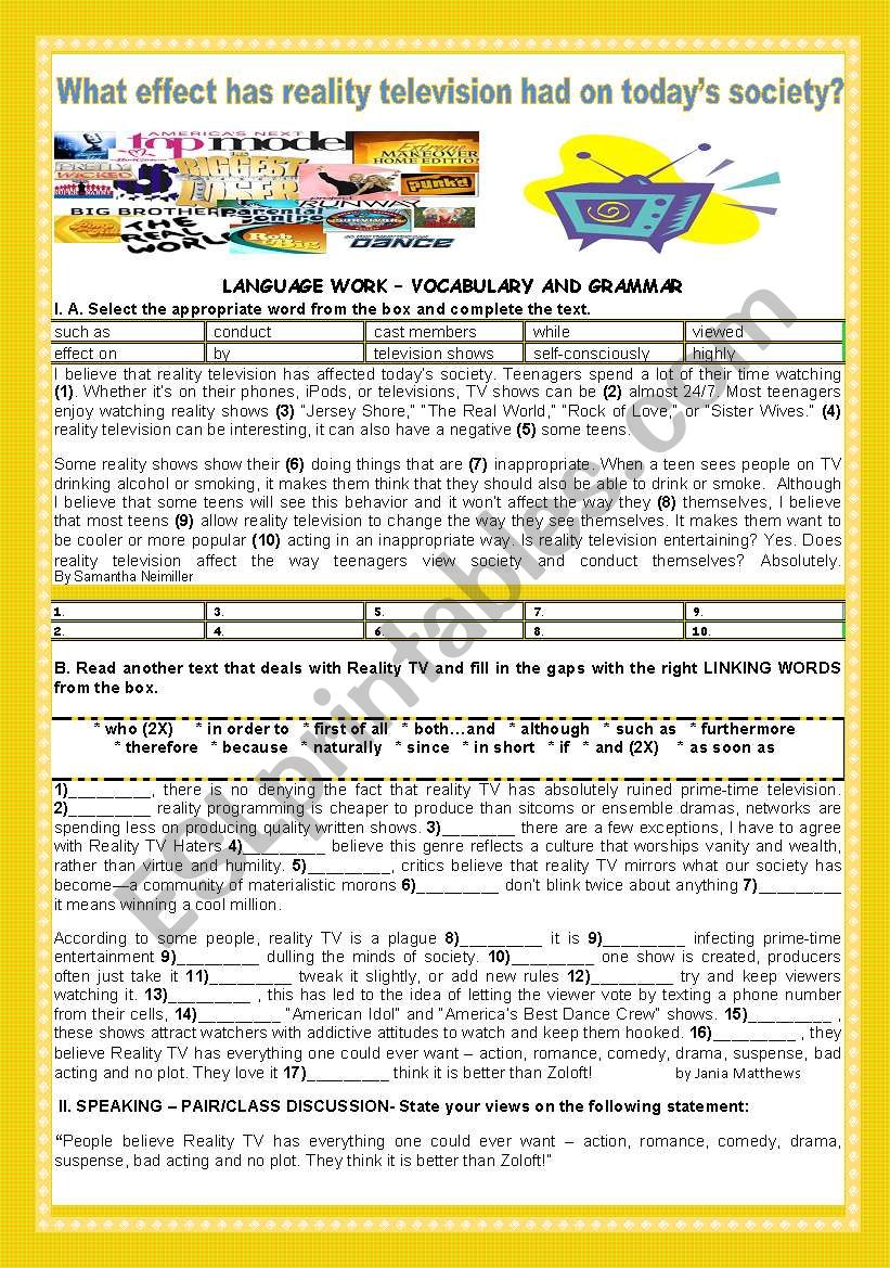 WHAT EFFECT HAS REALITY TV HAD ON TODAY´S SOCIETY? - ESL worksheet by ...