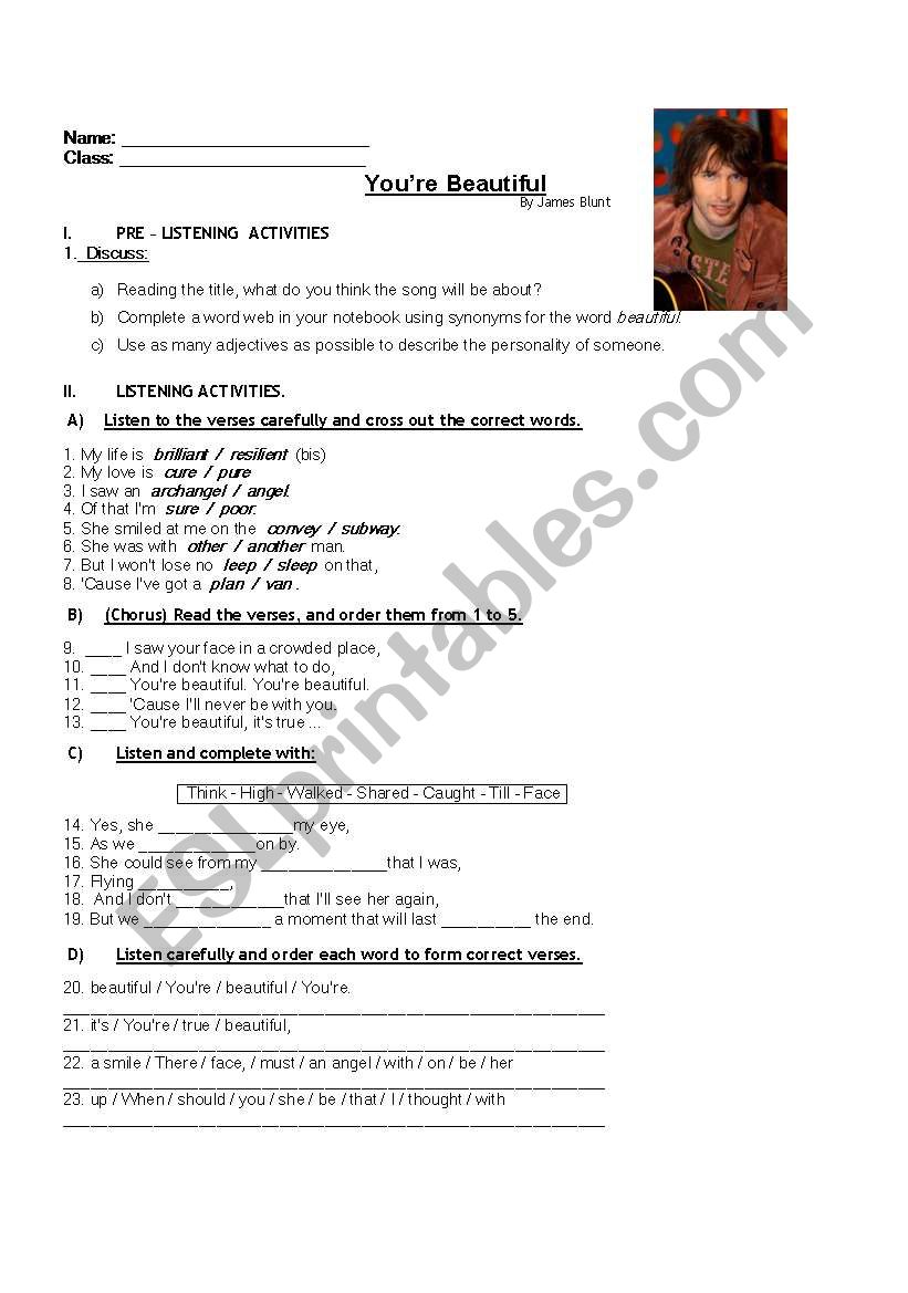 You´re beautiful - ESL worksheet by arlene2