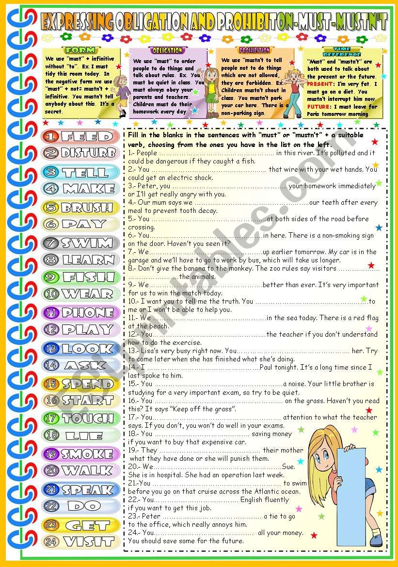MUST-MUSTN´T (OBLIGATION AND PROHIBITION) -KEY INCLUDED - ESL worksheet ... MUST-MUSTN´T (OBLIGATION AND PROHIBITION) -KEY INCLUDED - ESL worksheet ...