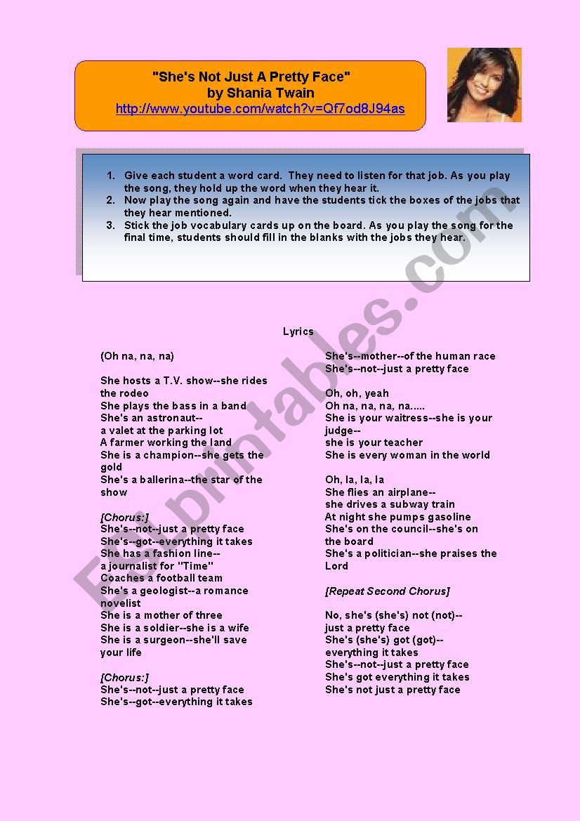 She´s Not Just A Pretty Face by Shania Twain - ESL worksheet by ELYSE