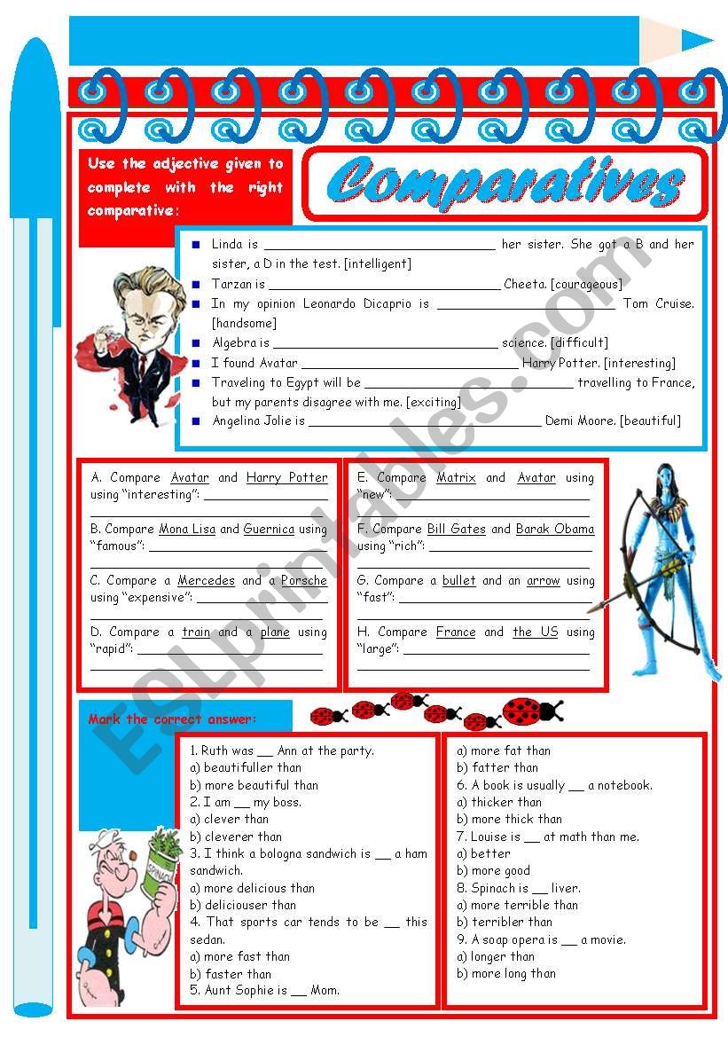 Comparatives • 3 tasks • 2 pages • keys included • editable - ESL worksheet by zailda