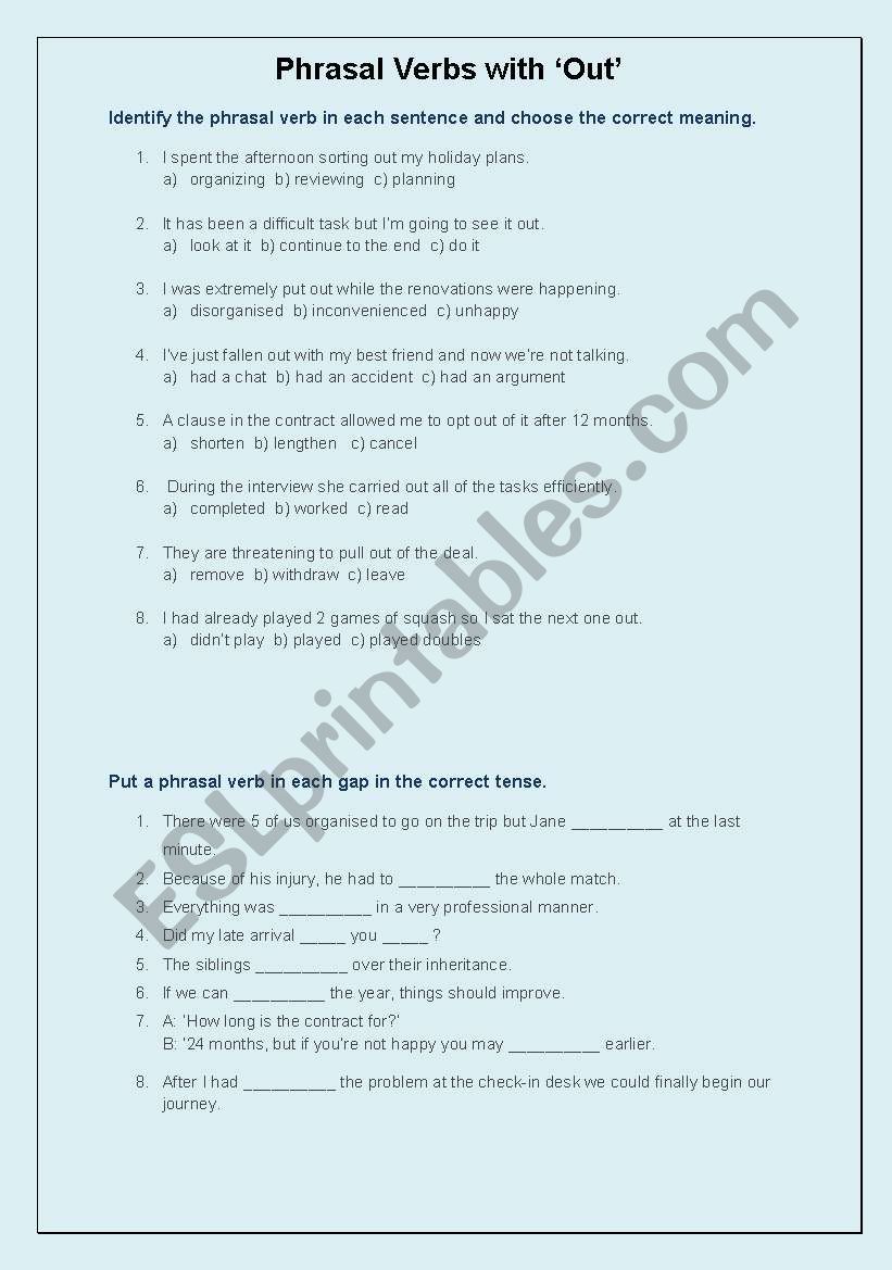 Phrasal Verbs with ´Out´ w/ Conv. Cards and Key - ESL worksheet by skippy76