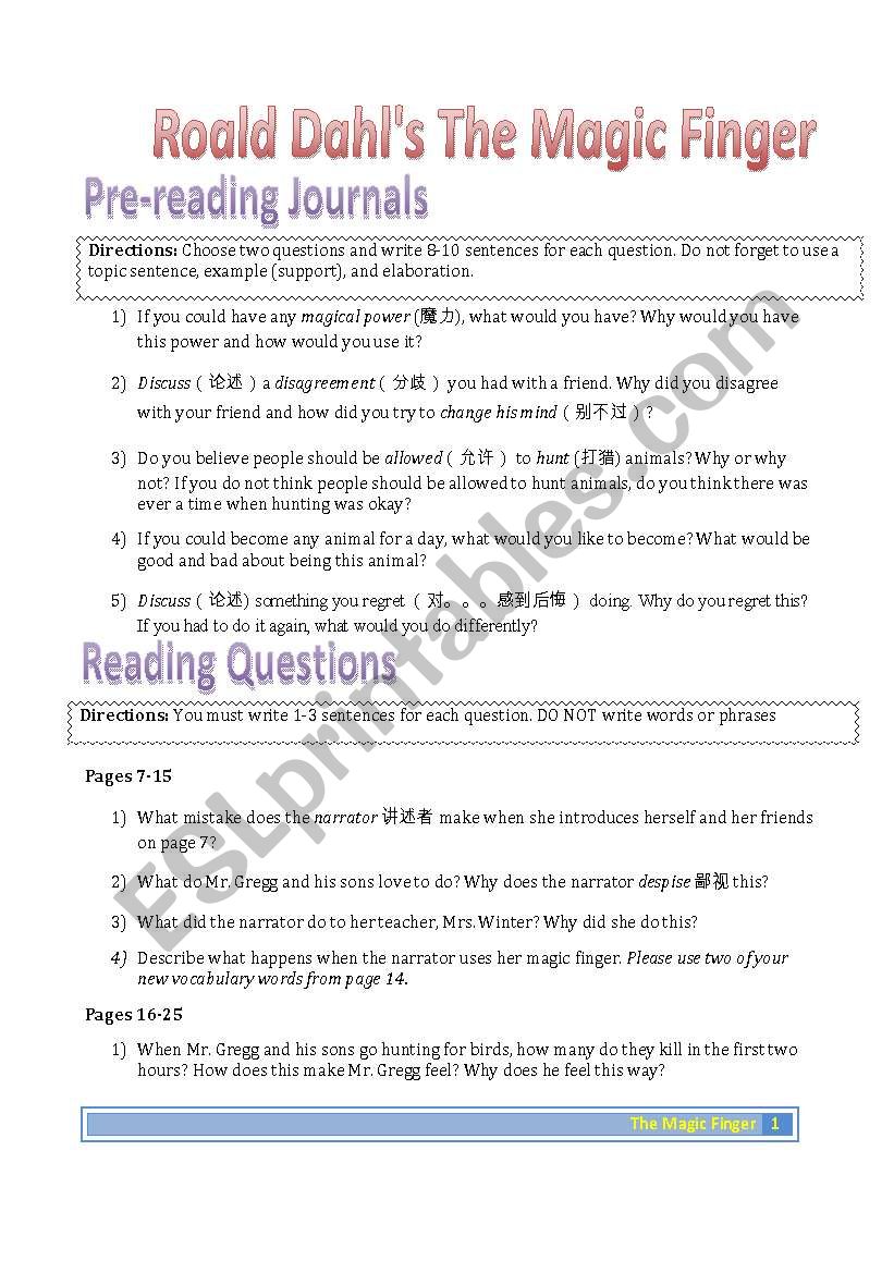 Roald Dahl´s "The Magic Finger" - ESL worksheet by lafrohnaple