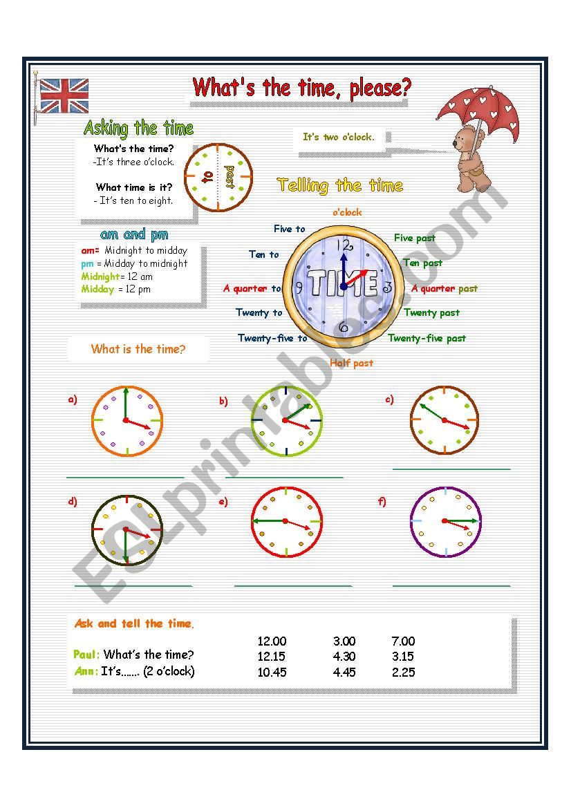 What’s the time, please? ( 2 pages, fully editable) - ESL worksheet by ...