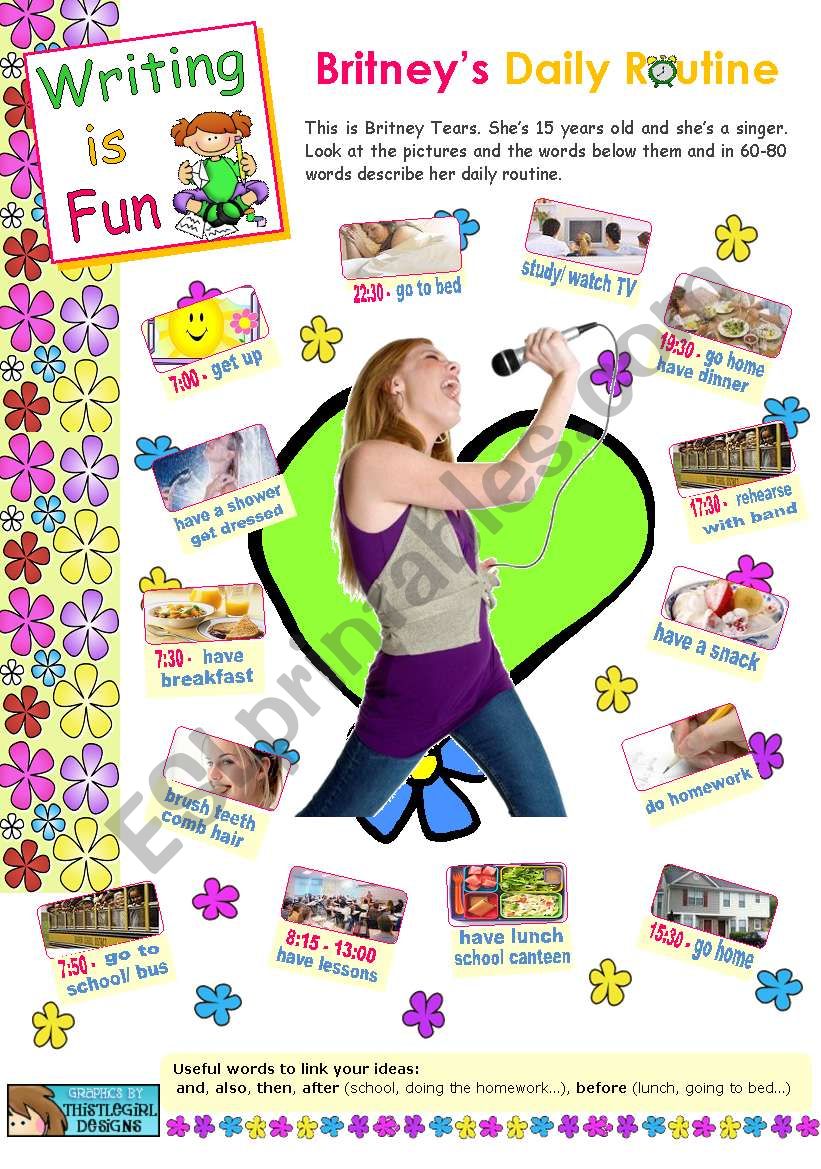 Writing is Fun Series (1) - Britney´s Daily Routine - ESL worksheet by ...