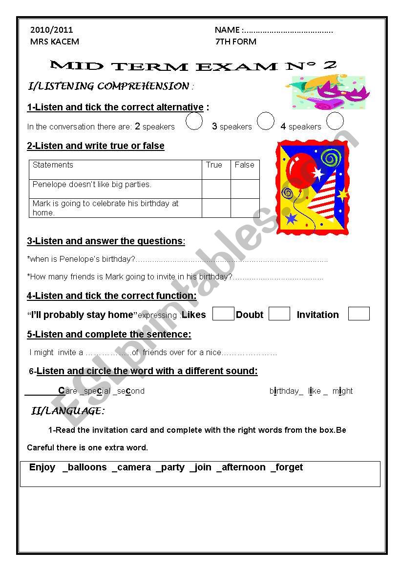 mid term test N°2 8th form - ESL worksheet by samehkacem