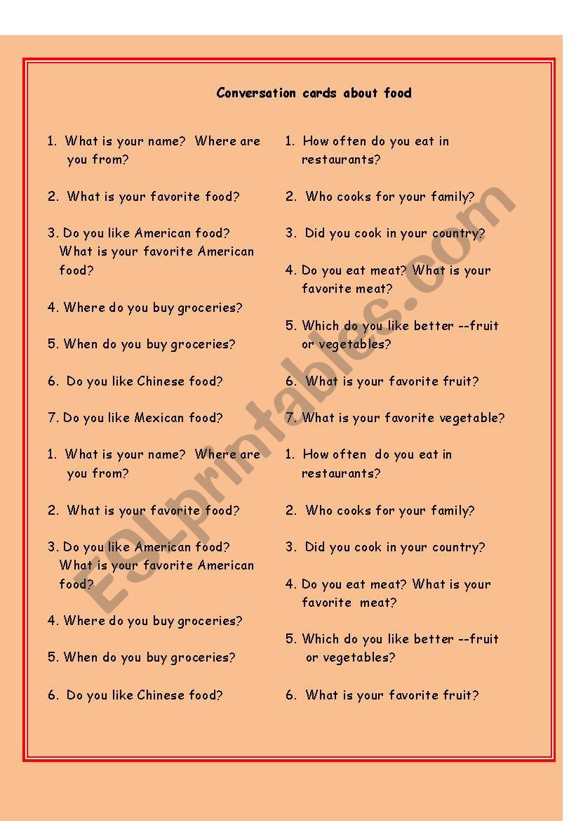 Conversation Questions On Food ESL Worksheet By Aneramo