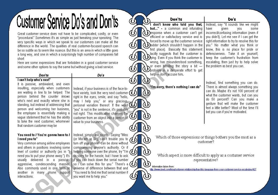 Customer Service Do´s and Don´ts - ESL worksheet by Mirrusca