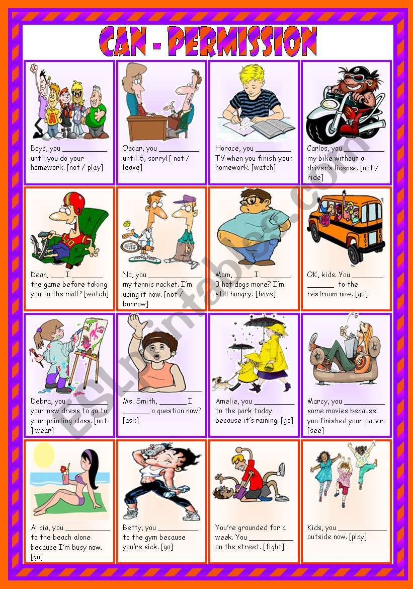 Can (permission): gap-filling • B&W version • teacher’s handout with ...