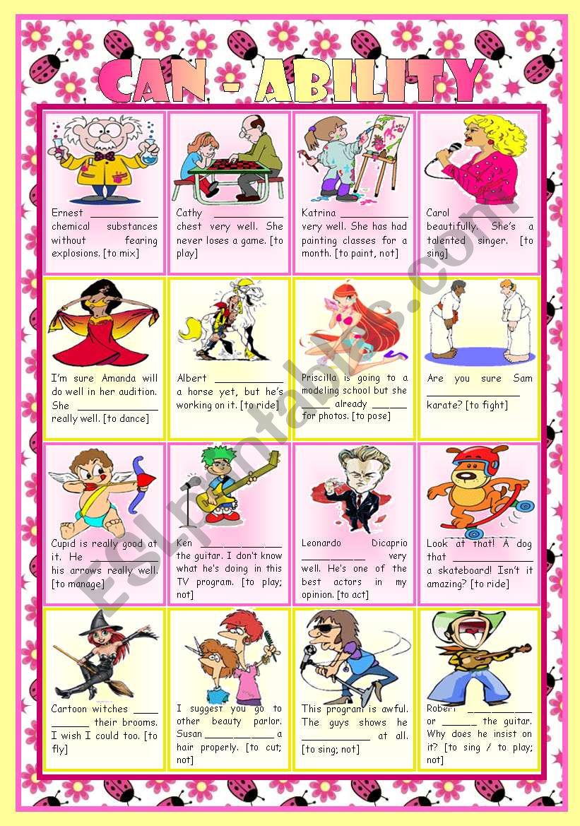 Can (ability): gap-filling • B&W version • teacher’s handout with keys ...