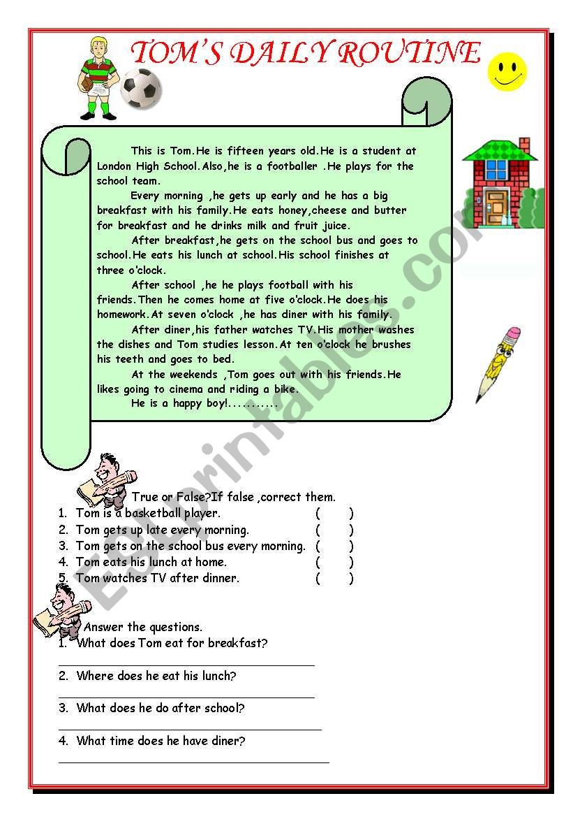 Tom´s daily Routine - ESL worksheet by sirenriver