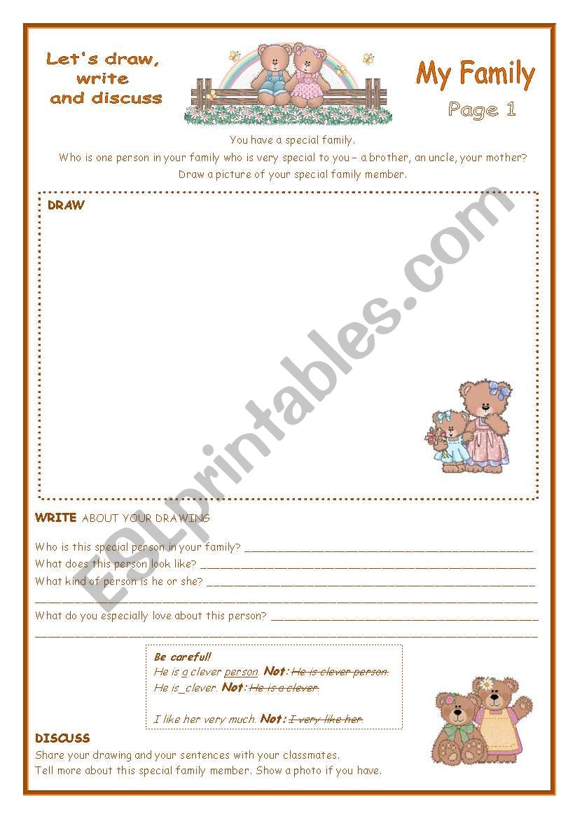 Let´s draw, write and discuss. My Family. Page 1. - ESL worksheet by ...