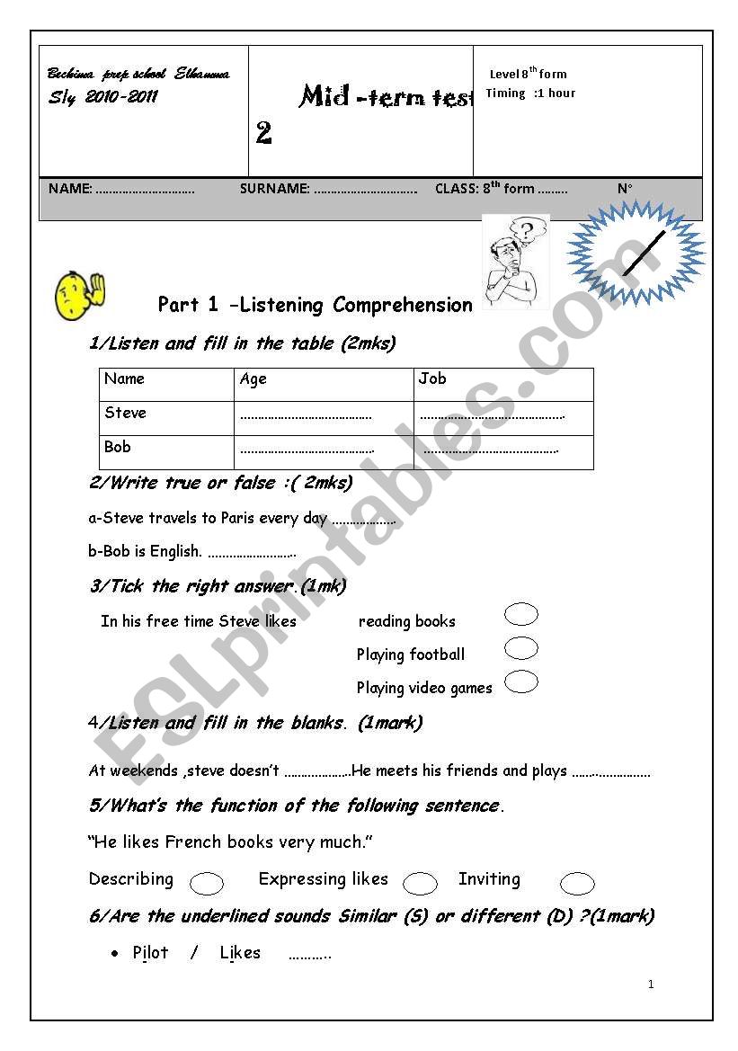 Mid term test N° 2 8th form - ESL worksheet by naddo