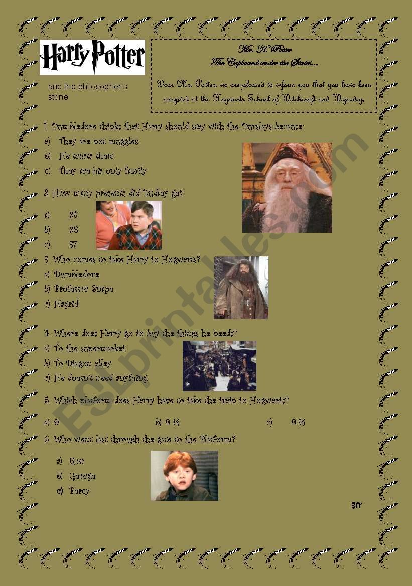 Harry Potter and the Philosopher´s stone 1/2 - ESL worksheet by carmengb