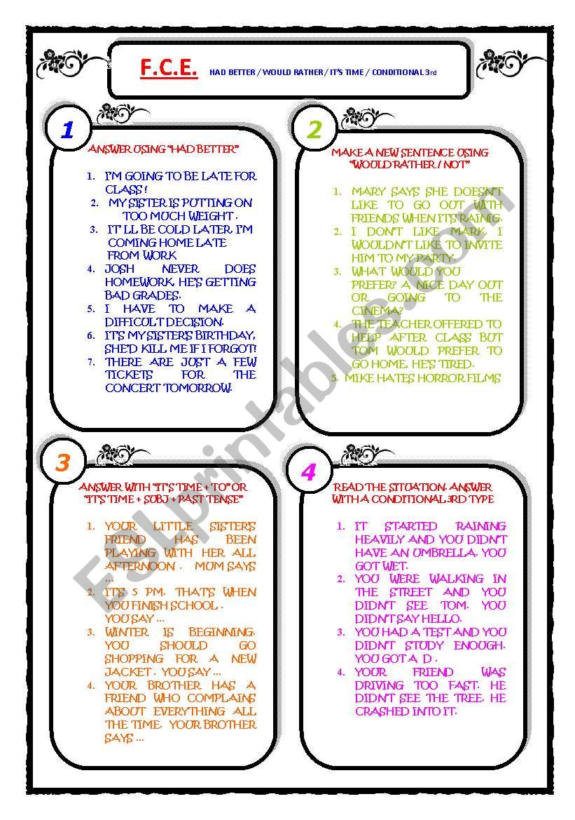 FCE would rather, had better, it´s time, cond. 3rd - ESL worksheet by ...