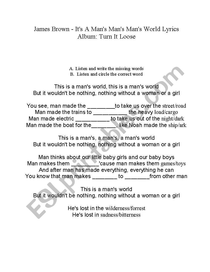 English worksheets: James Brown "It´s a Man´s World" Song listening
