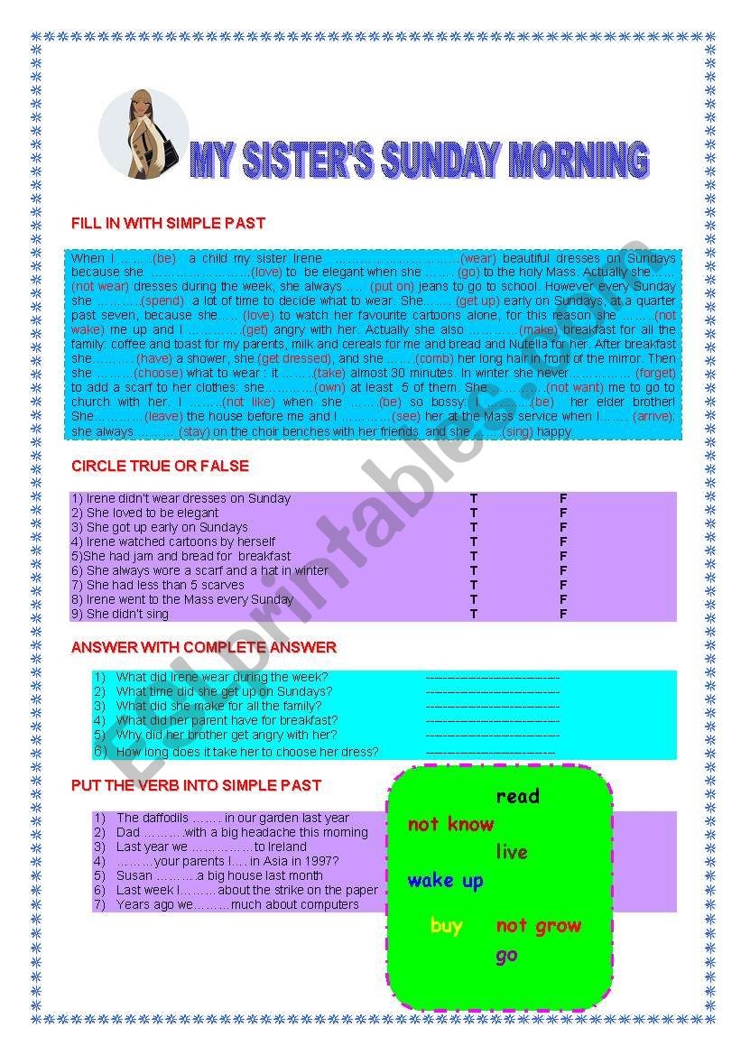 English worksheets: MY SISTER´S SUNDAY MORNING