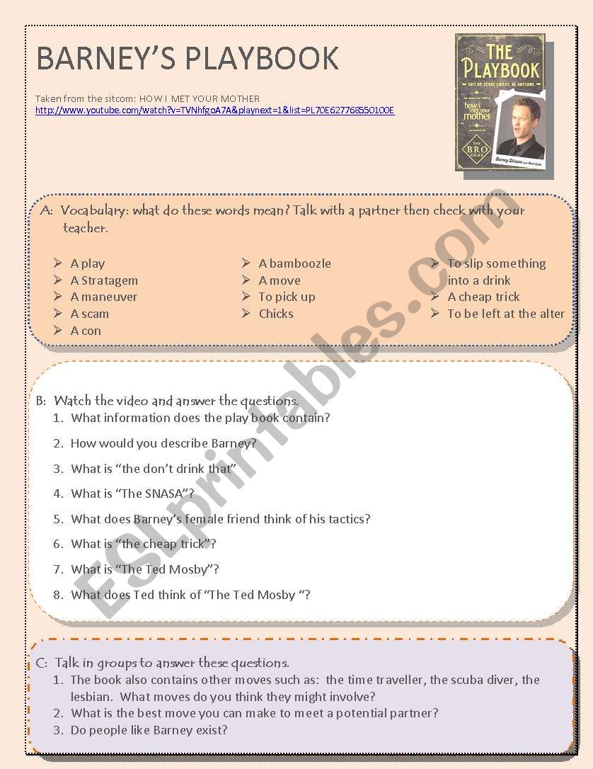 video listening - Barney´s Playbook - ESL worksheet by wendirs
