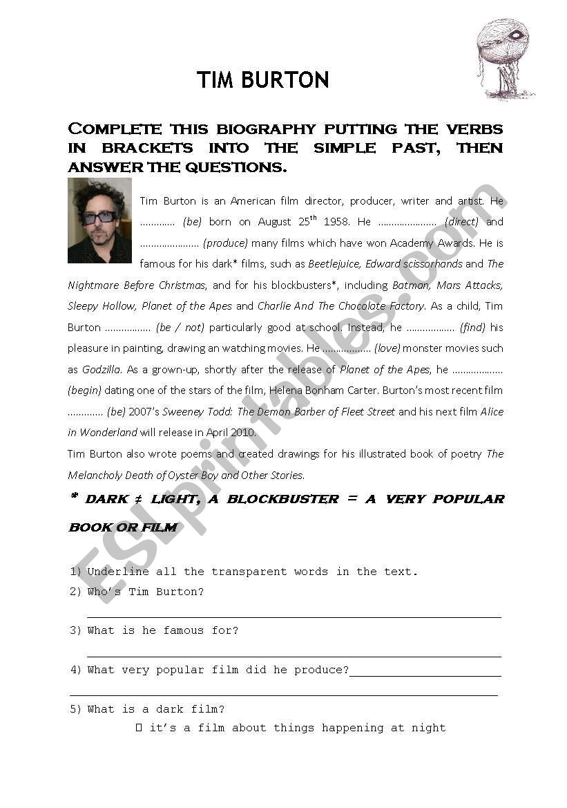 Tim Burton´s biography (1) - ESL worksheet by jellybiiiz