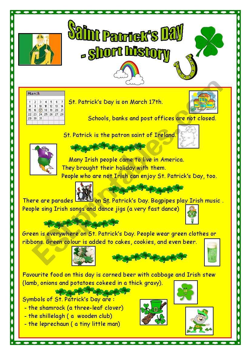 Saint Patrick´s Day - short history (fully editable) - ESL worksheet by ...
