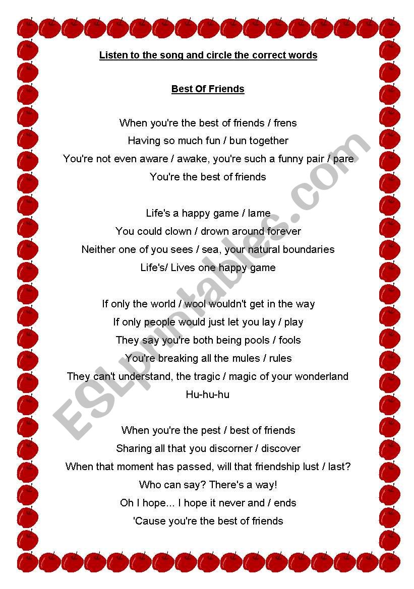 Song Lyric ´Best of Friends´ - ESL worksheet by amizaki