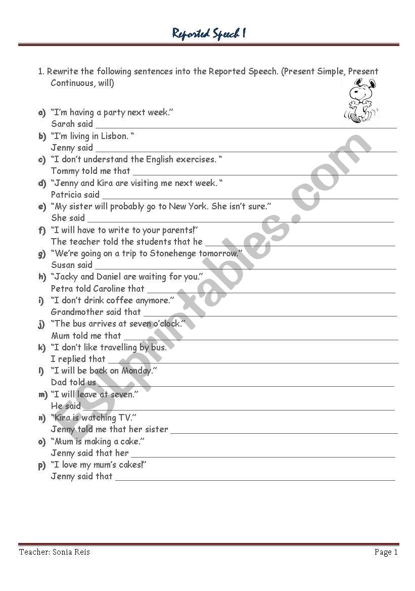 Reported Speech Exercises Pdf