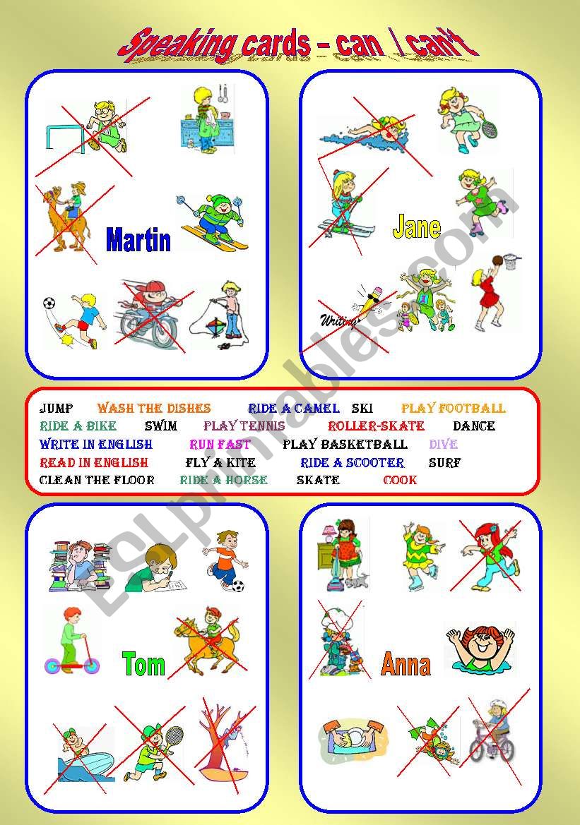 Speaking cards - Can / Can´t - 2 pages, 8 cards. Fully edittable - ESL ...