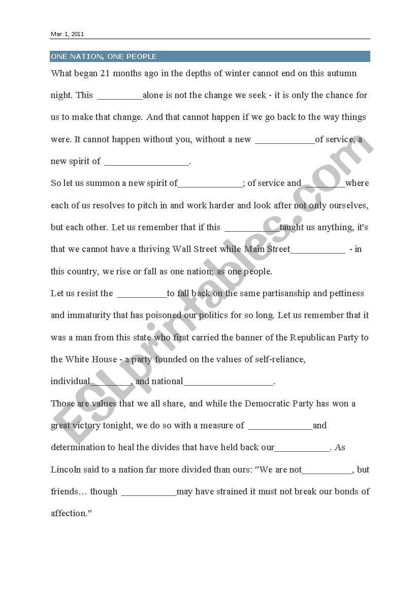 Listening script Obama´s speech - ESL worksheet by sundayl