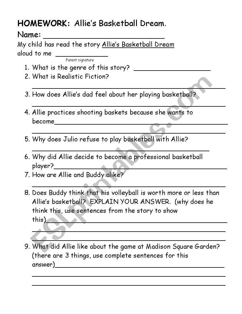 English worksheets: Homework for Allie´s Basketball Dreams