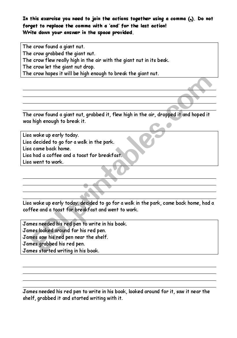English worksheets: Attaching multiple sentences together using commas ...