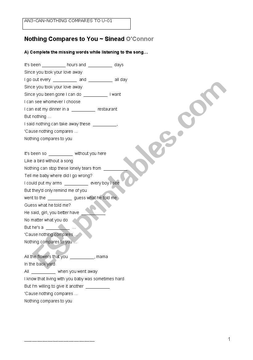 Nothing Compares to You - ESL worksheet by AndyEOI Nothing Compares to You - ESL worksheet by AndyEOI