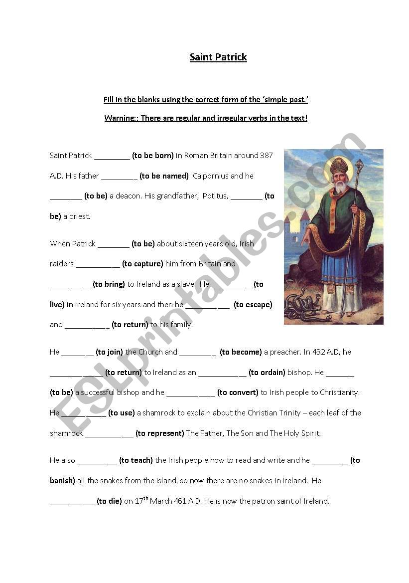 St Patrick´s Day. Fill in blanks with Simple Past Activity - ESL ...