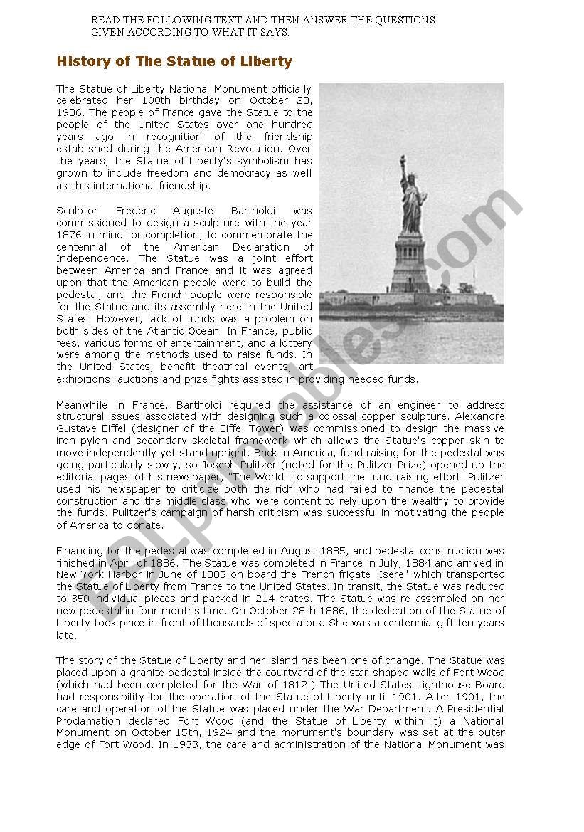 reading about the statue of liberty - ESL worksheet by gigi23