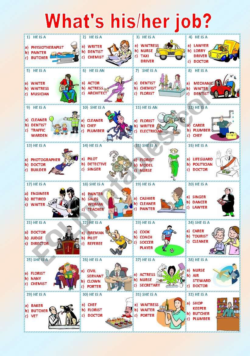 WHAT´S HIS / HER JOB ? MULTIPLE CHOICE ****PART 2 - ESL worksheet by ...