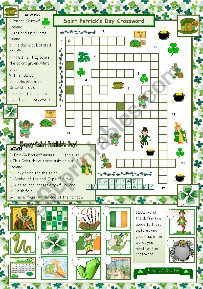 St. Patrick´s Day Crossword - with answers - ESL worksheet by maguyre