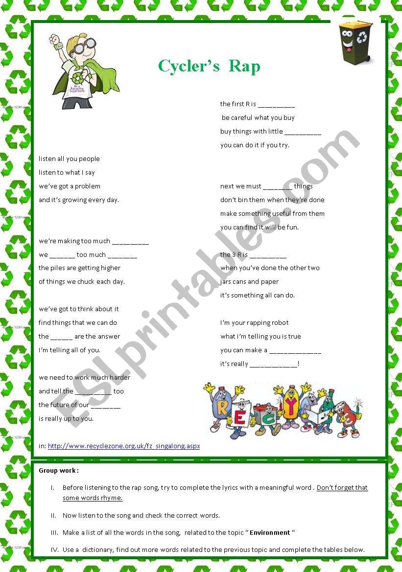 English worksheets: Cycler´s rap - Environment