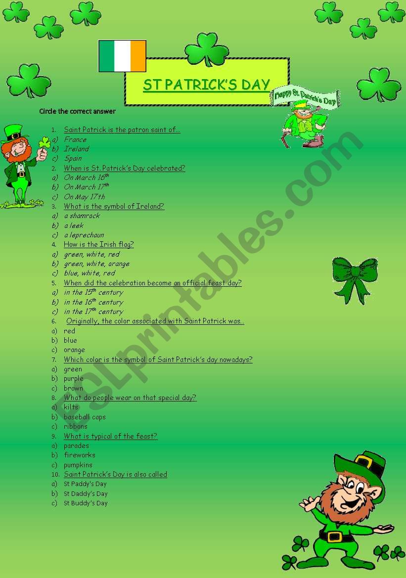 St Patrick´s Day - ESL worksheet by gdinca
