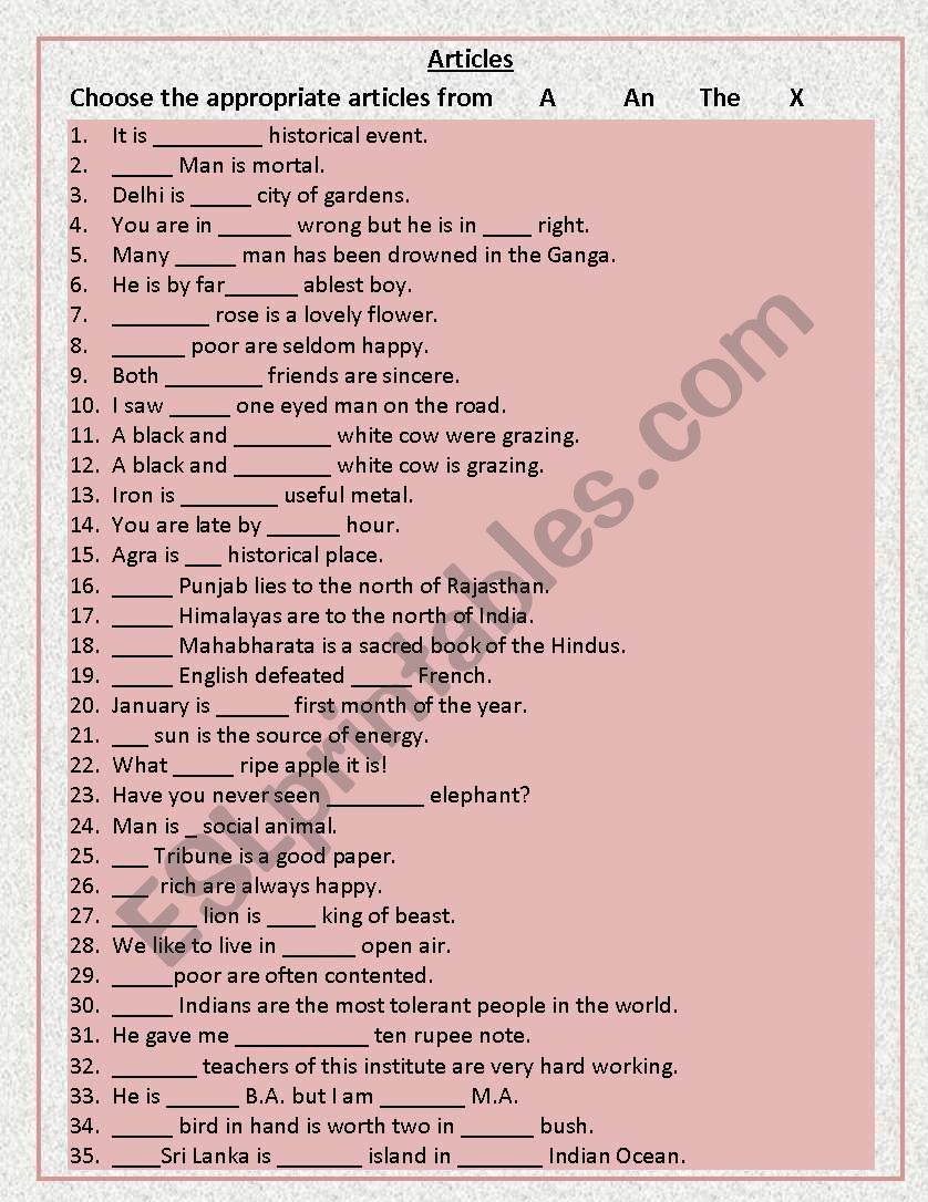 Articles With Answers ESL Worksheet By Rttrr