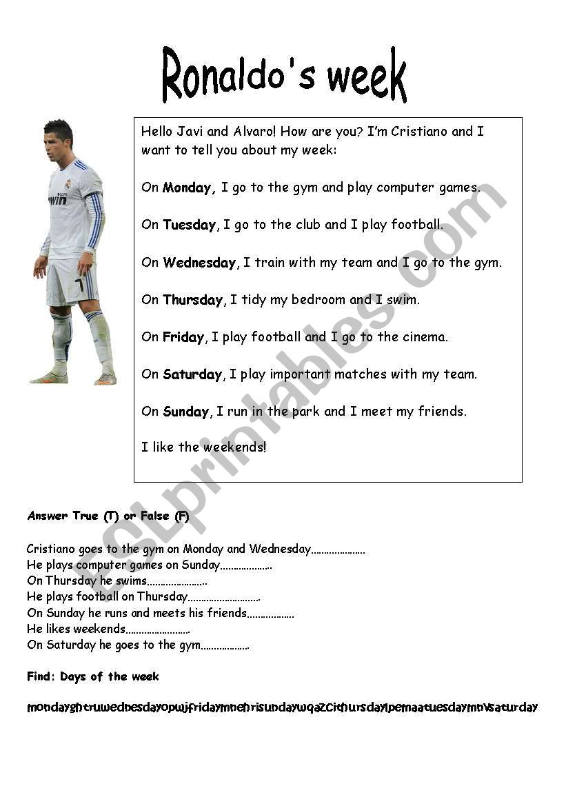 Ronaldo´s week - ESL worksheet by victoriascotta