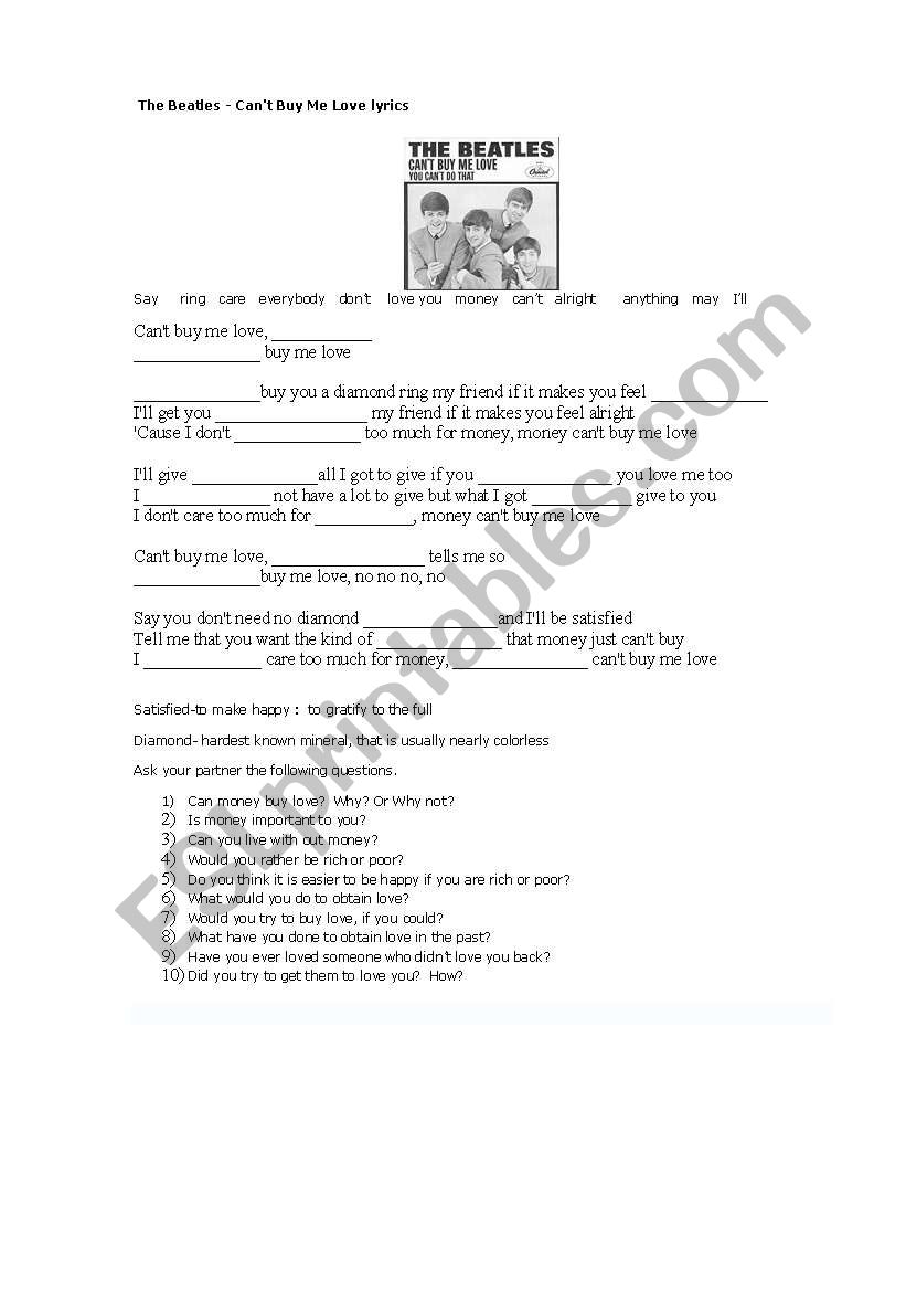 Can´t buy me love beatles fill in the blank - ESL worksheet by ...