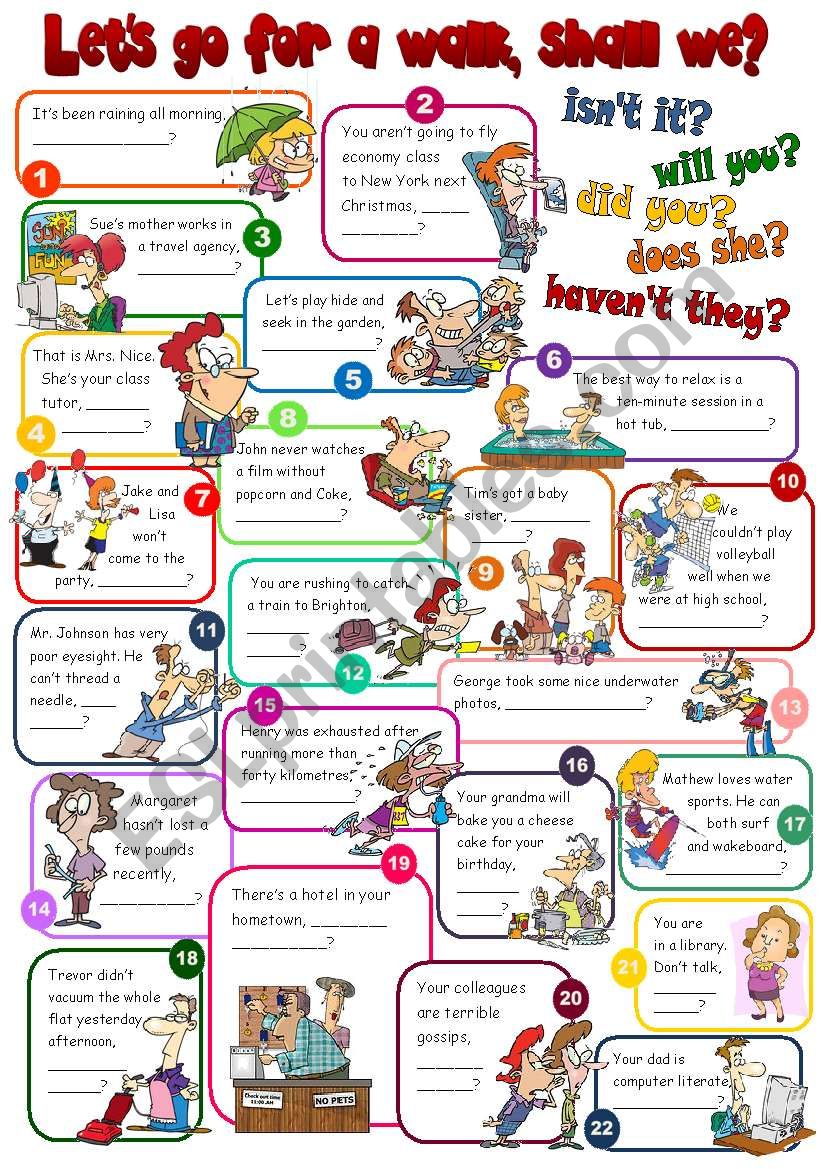 Let´s go for a walk, shall we? - QUESTION TAGS (B&W + KEY included) - ESL worksheet by mada_1